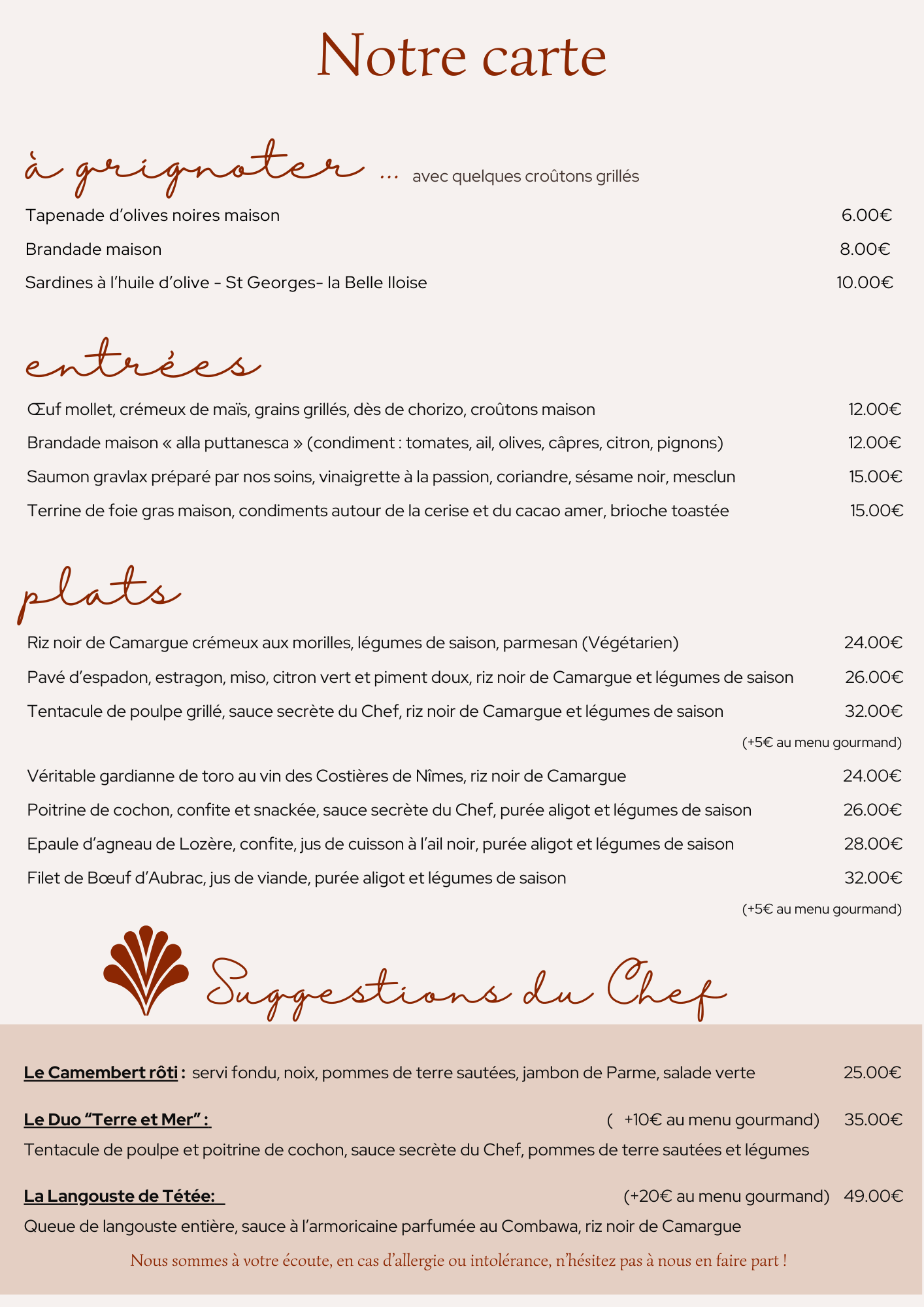Carte et menus de notre restaurant familial à Nîmes